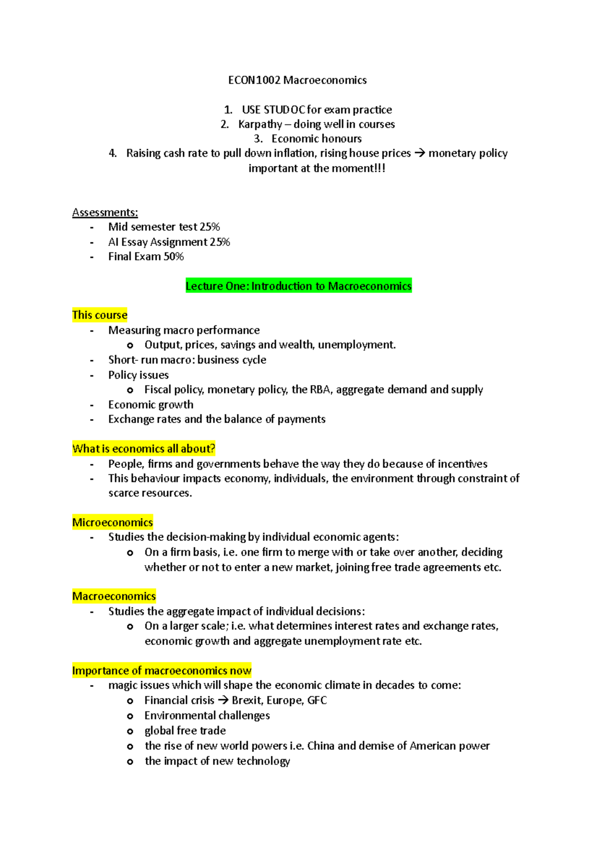 ECON1002 macroeconomics - ECON1002 Macroeconomics USE STUDOC for exam ...
