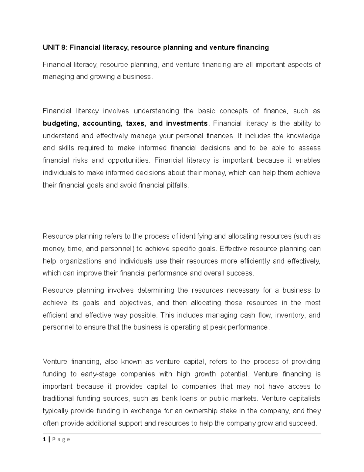 UNIT 8 Financial literacy, resource planning and venture financing ...