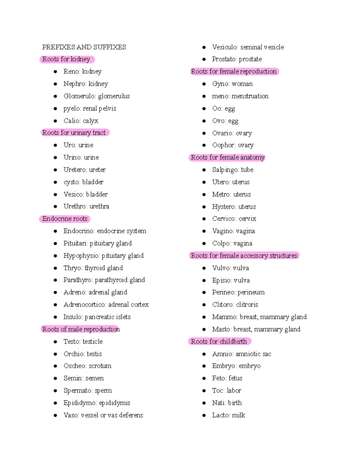 Exam 3 review kines - PREFIXES AND SUFFIXES Roots for kidney Reno ...