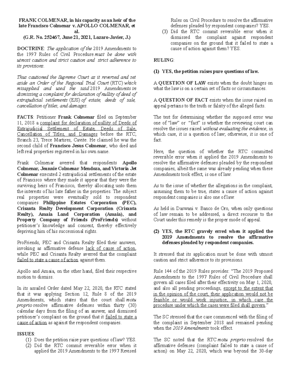 Colmenar v. Colmenar Digest - FRANK COLMENAR, in his capacity as an ...