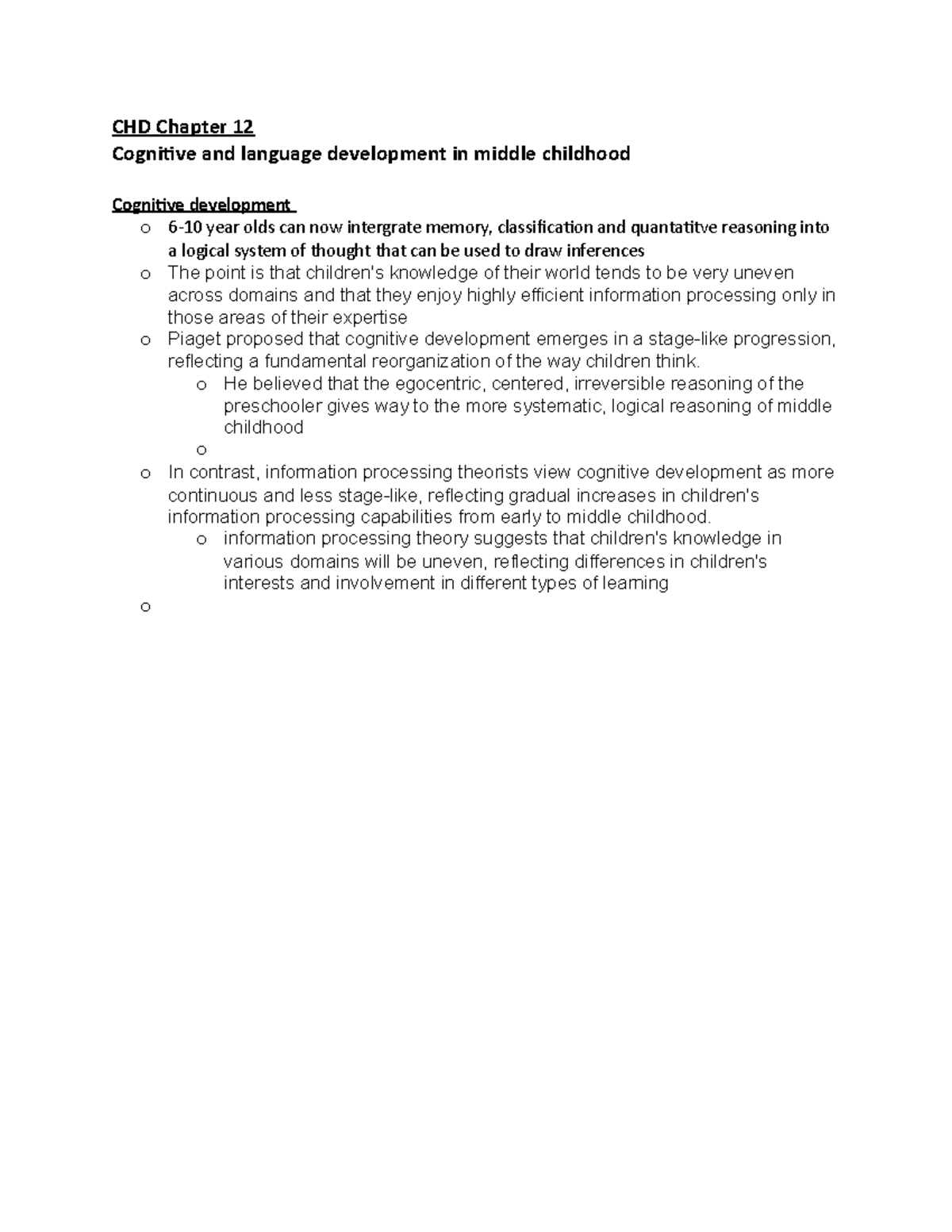 CHD Chapter 12 - Lecture notes 12 - CHD Chapter 12 Cognitive and ...