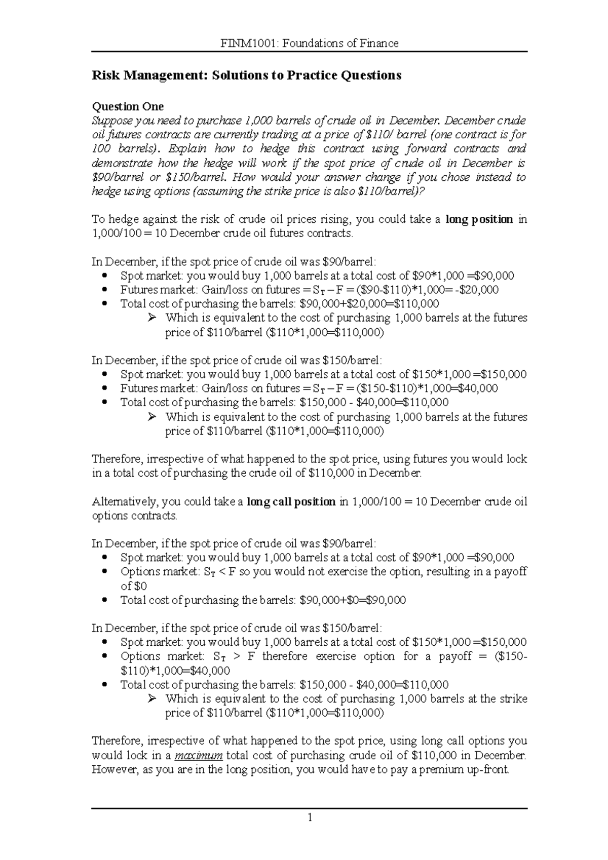 11) Risk Management Solutions to Practice Questions - FINM1001 ...