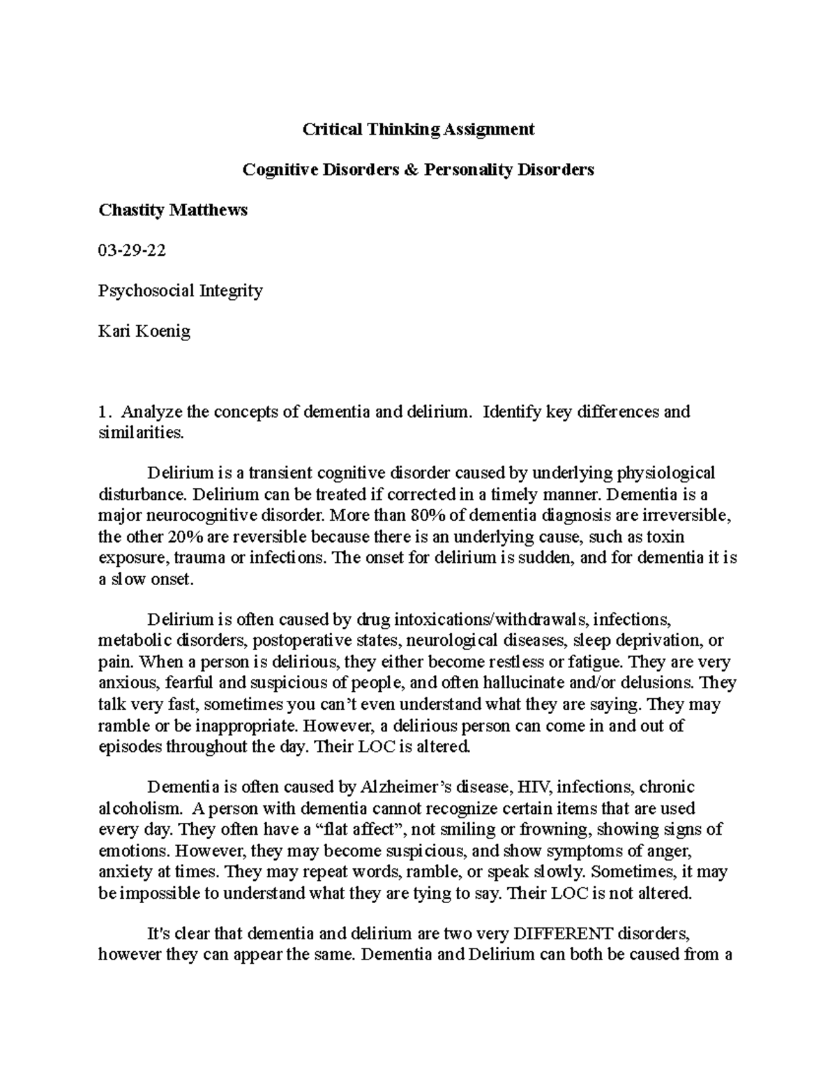 Cognitive and Personality Disorders - Critical Thinking Assignment ...