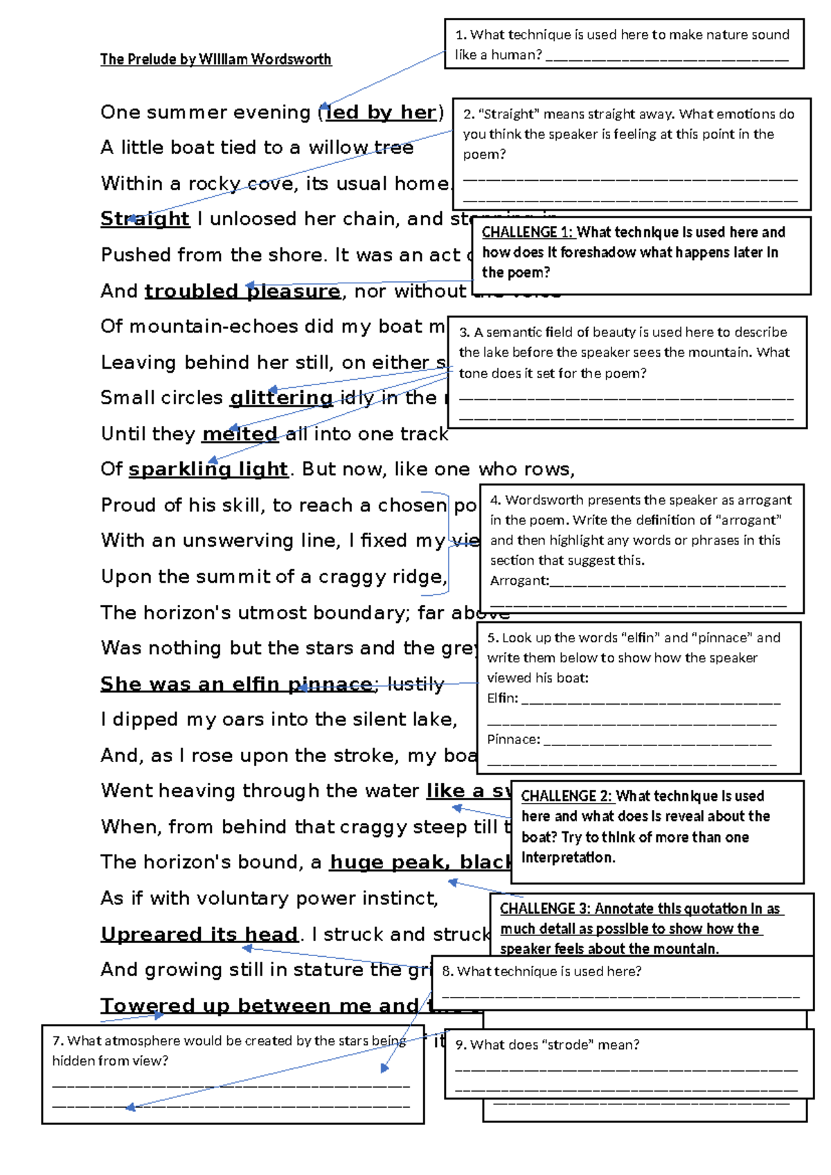 The Prelude Challenge Worksheet - The Prelude by William Wordsworth One ...