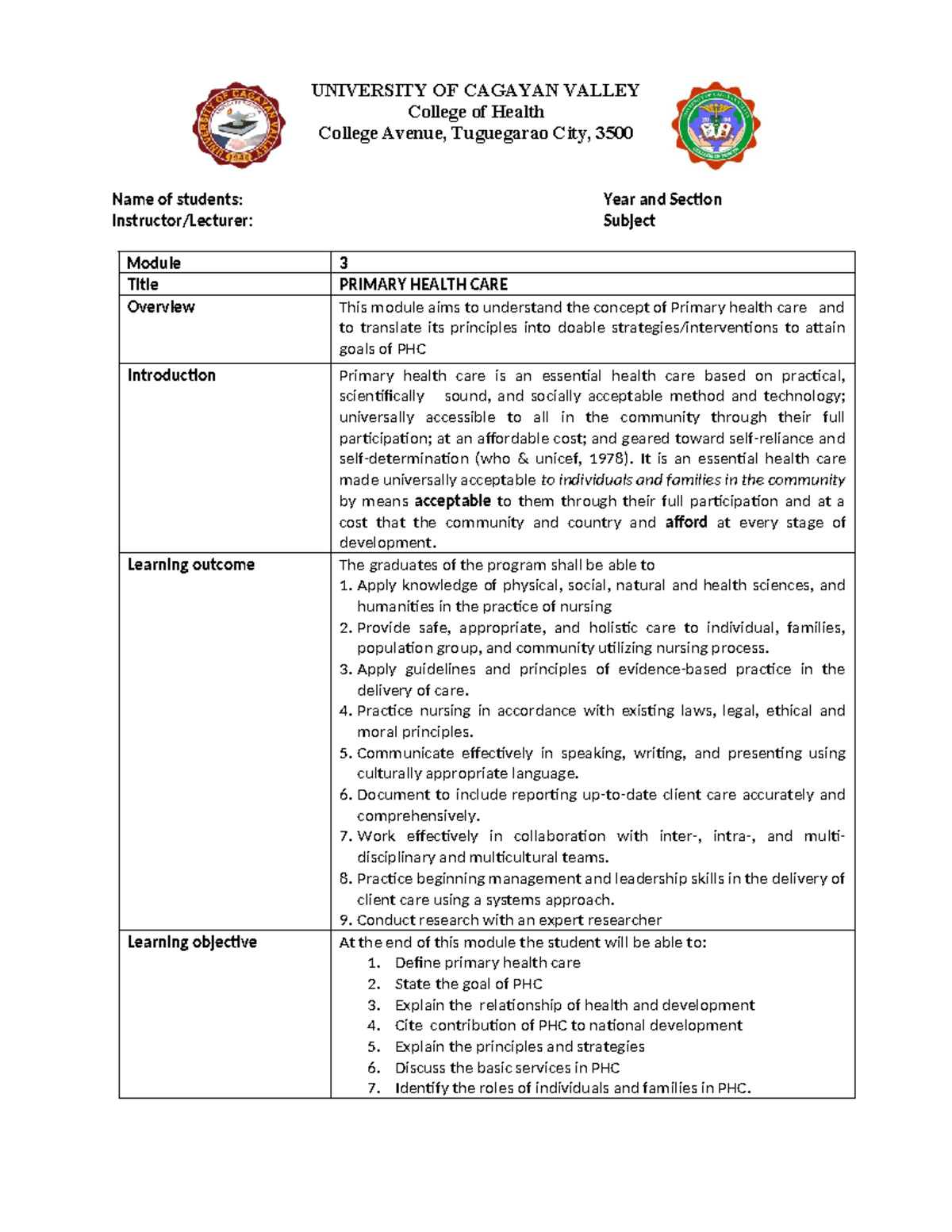 Chn 1 module 3 PHC - Hope it helps! - UNIVERSITY OF CAGAYAN VALLEY ...