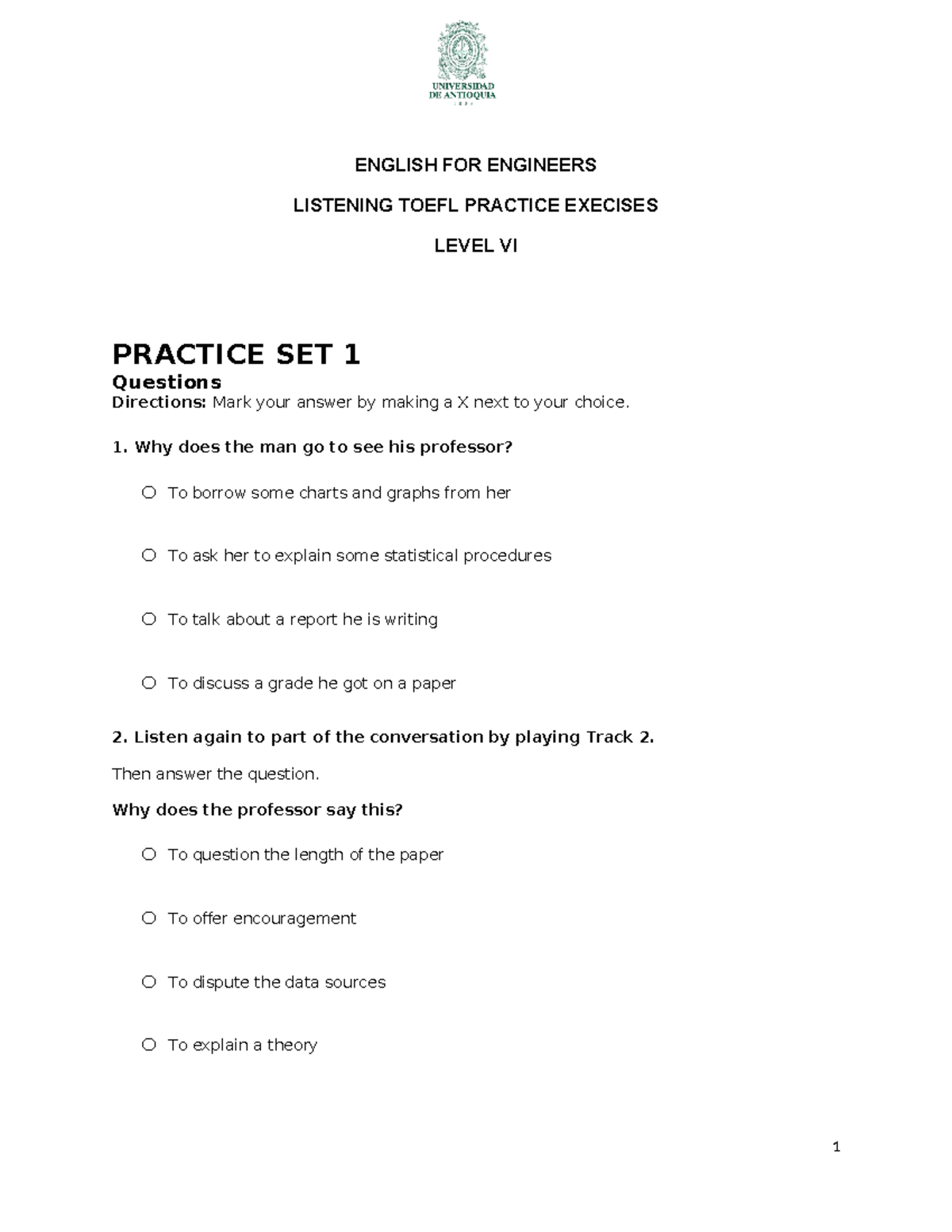 Listening toefol exercises level VI sets 1 to 5 - ENGLISH FOR ENGINEERS ...