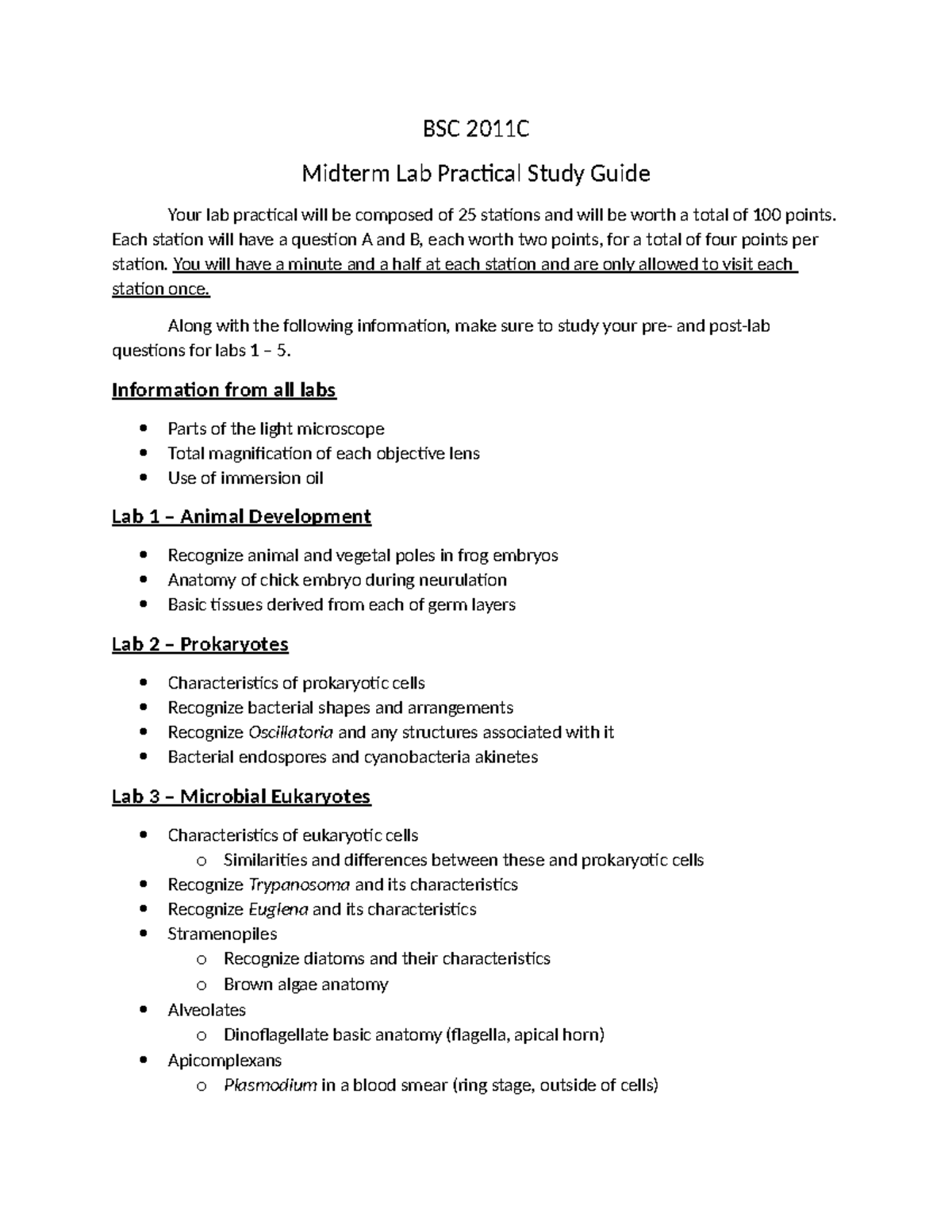 BSC 1011C Midterm Lab Practical Study Guide - BSC 2011C Midterm Lab Practical Study Guide Your ...
