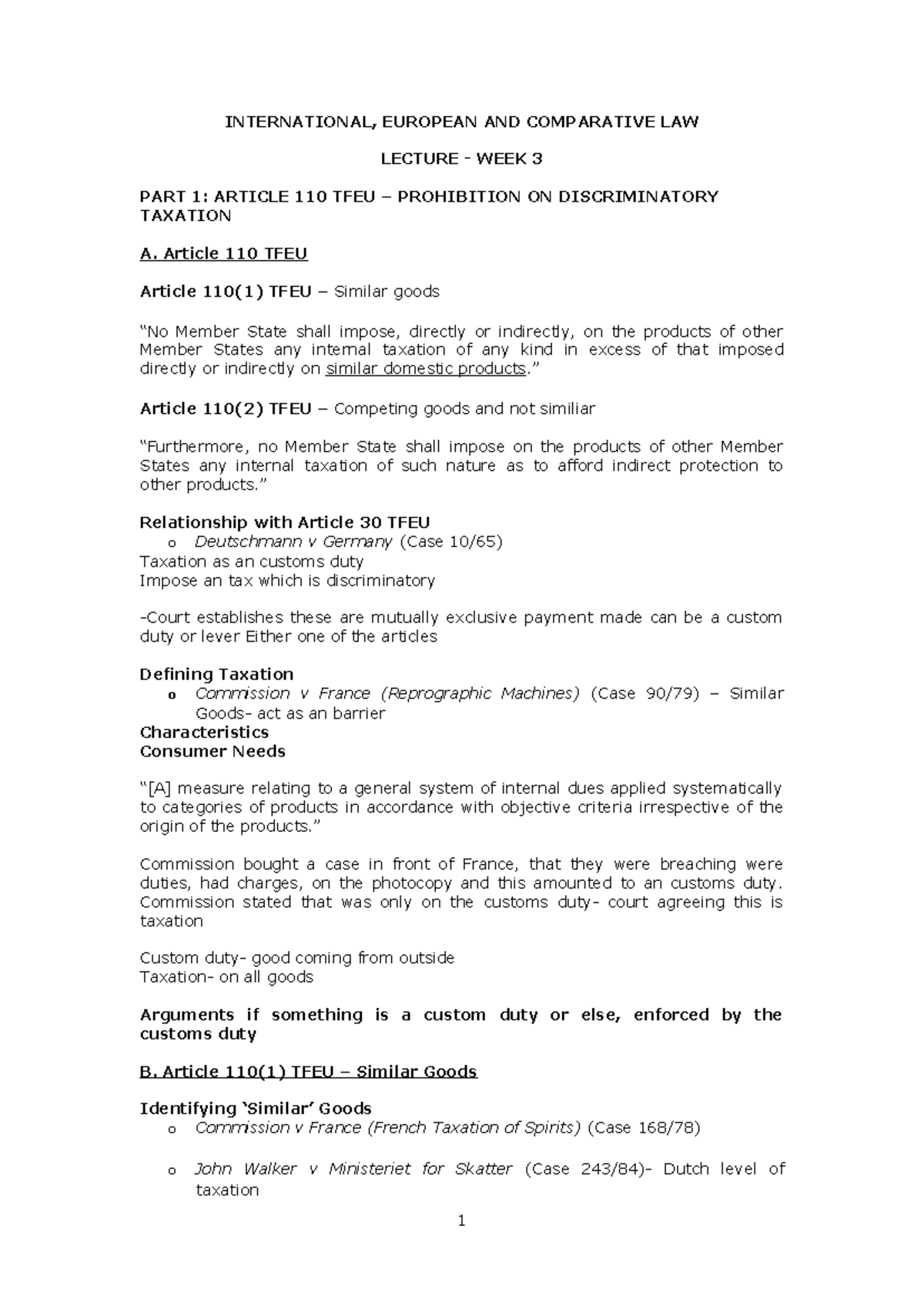 IEC Law Lecture Handout Week 3 - Article 110 TFEU and Article 34 TFEU ...