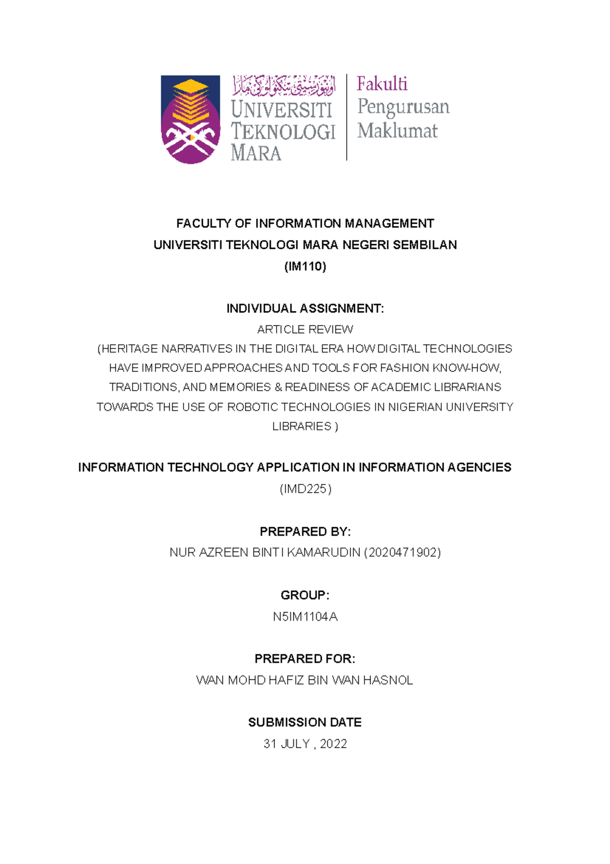 Assignment Individual - FACULTY OF INFORMATION MANAGEMENT UNIVERSITI ...