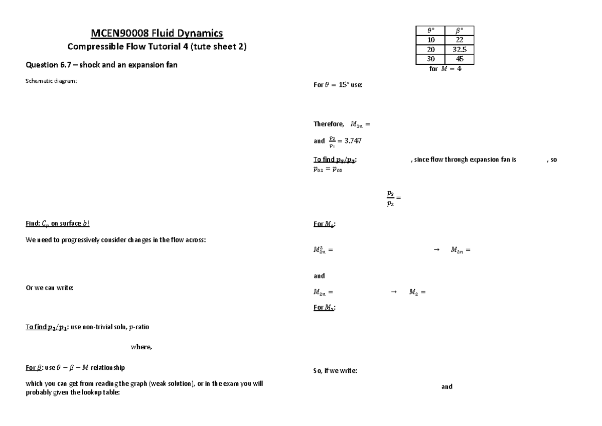 Compressible Tute 4 Handout - 2019 Edition - MCEN90008 Fluid Dynamics ...