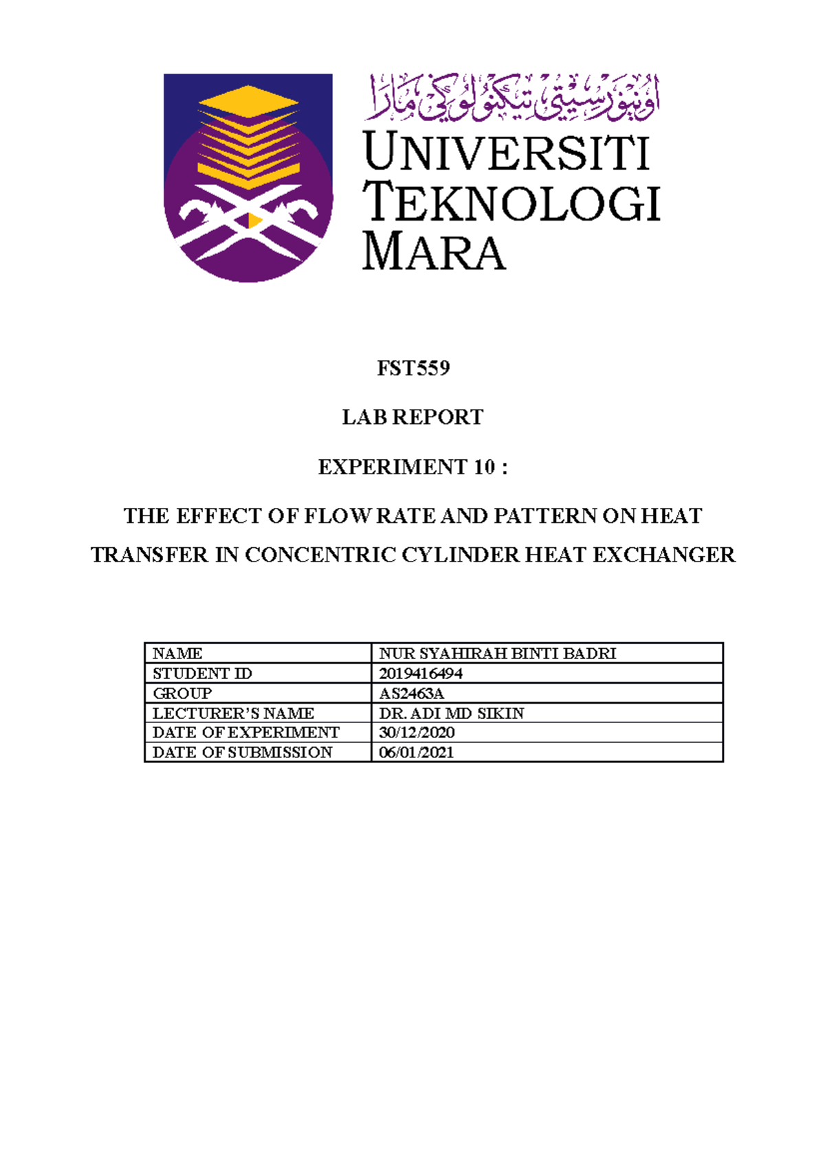 Lab 10 The effect of flow rate and pattern on heat transfer in ...