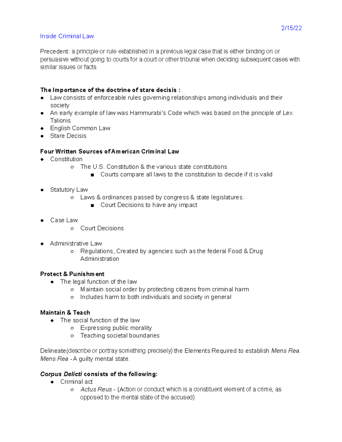 Criminal Justice Lecture 4 - 2/15/ Inside Criminal Law Precedent: a ...