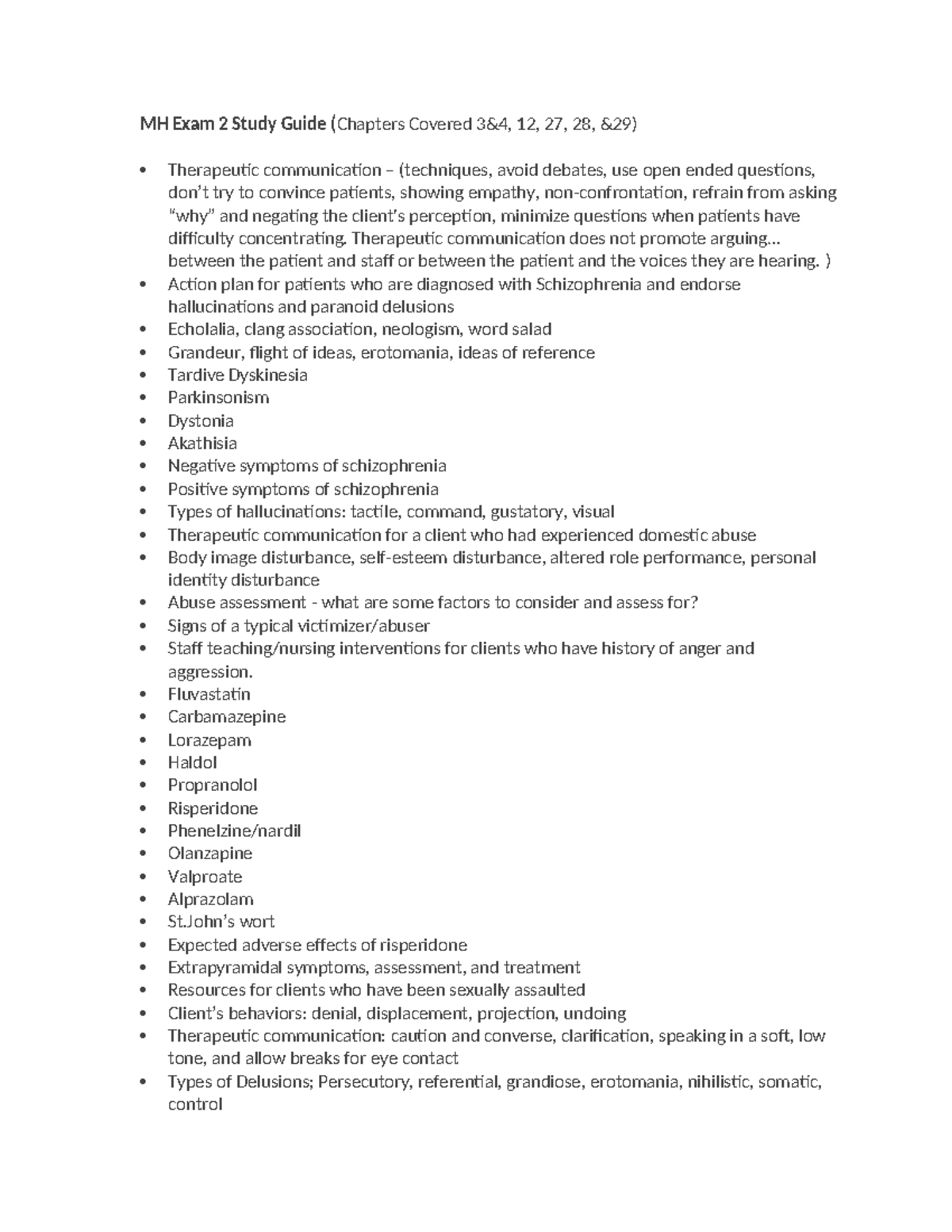 Study Guide -MHExam 2-1 - MH Exam 2 Study Guide (Chapters Covered 3&4 ...