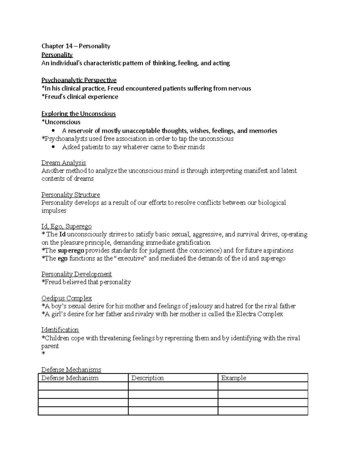 Psychology Lecture Note Personality - Chapter 14 – Personality ...