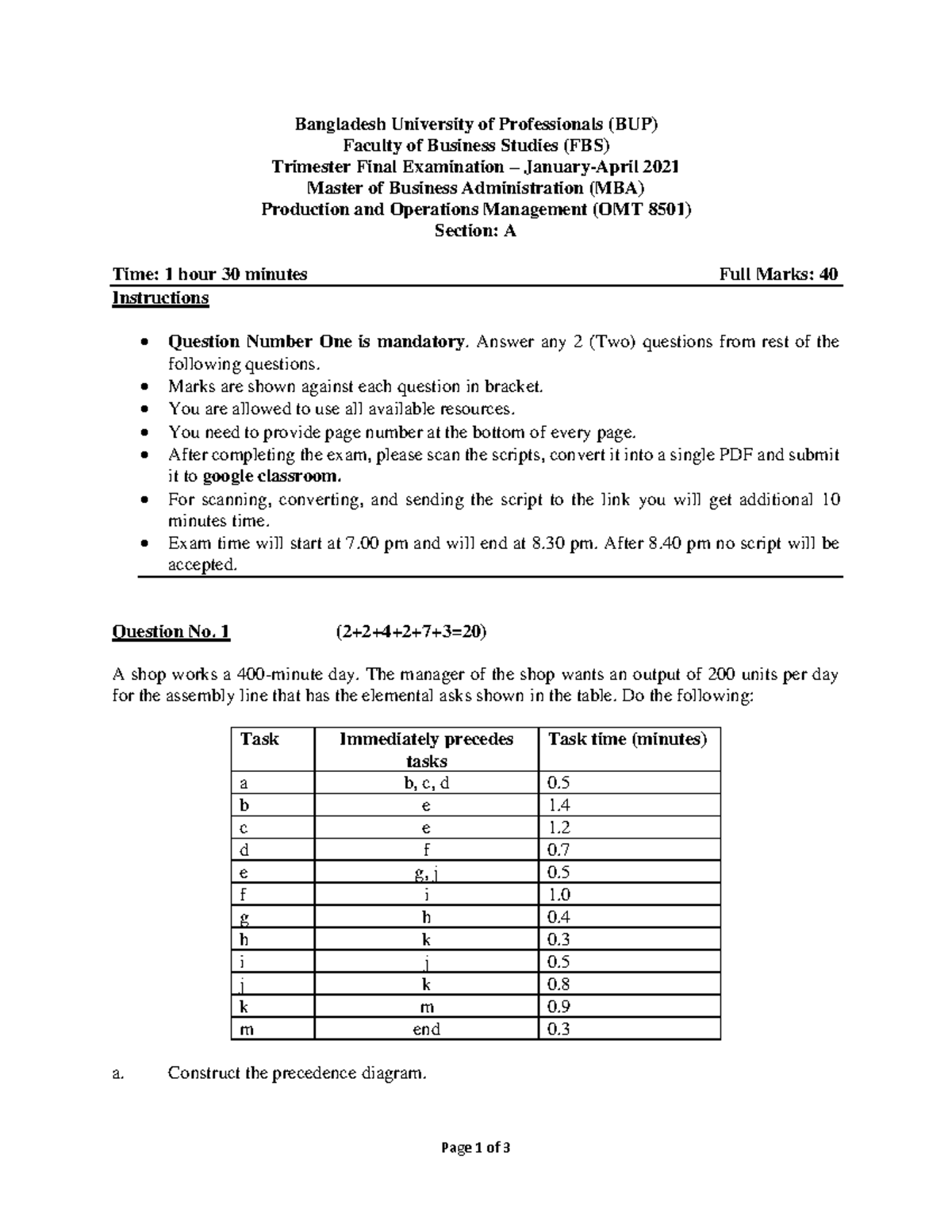 OM Final Question Batch 22 BUP - Page 1 of 3 Bangladesh University of ...