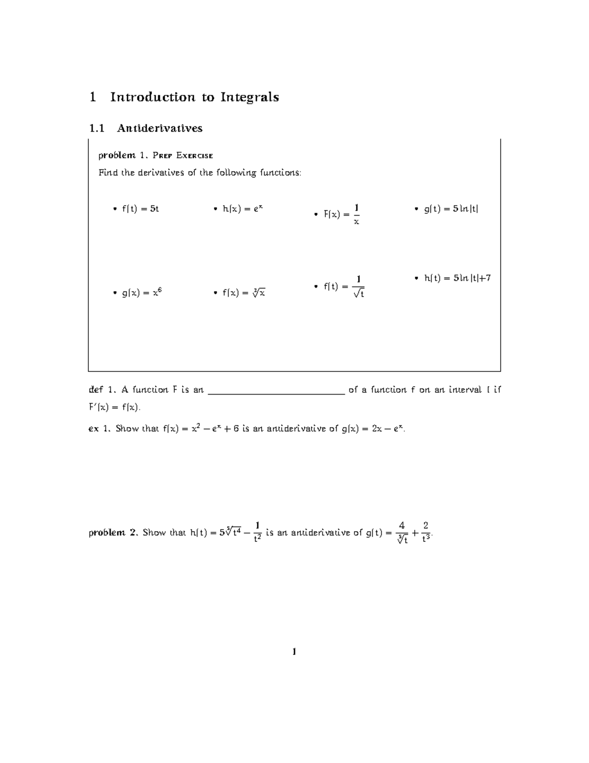 1-1 Antiderivatives - practice - 1 Introduction to Integrals 1 ...