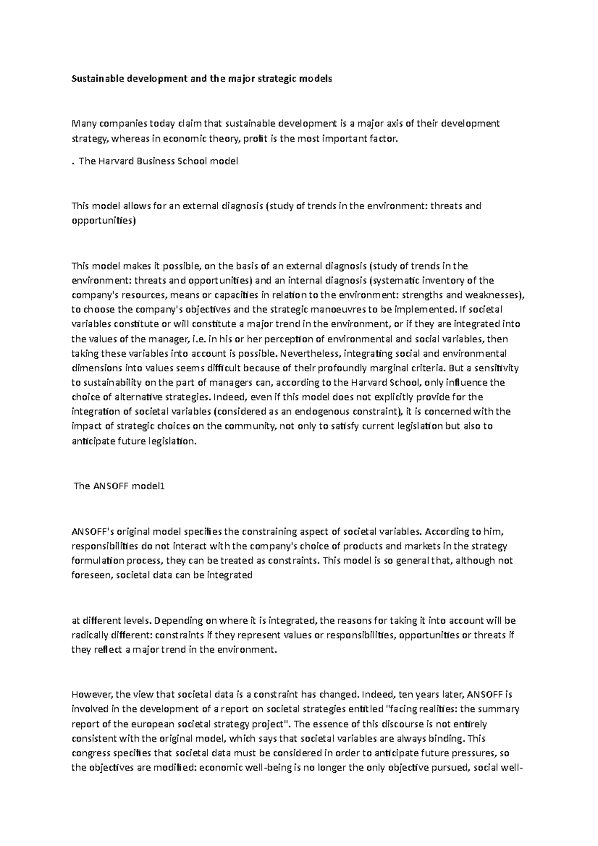 Sustainable development and the major strategic models - The Harvard ...