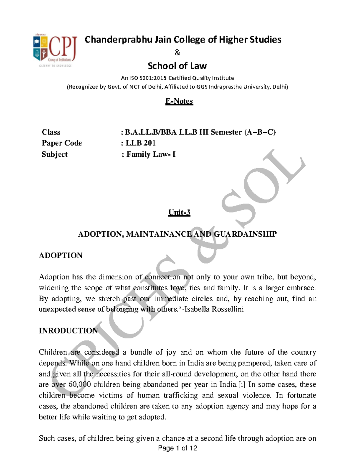 E-Notes Family Law-I Unit-3 - & School of Law An ISO 9001:2015 ...
