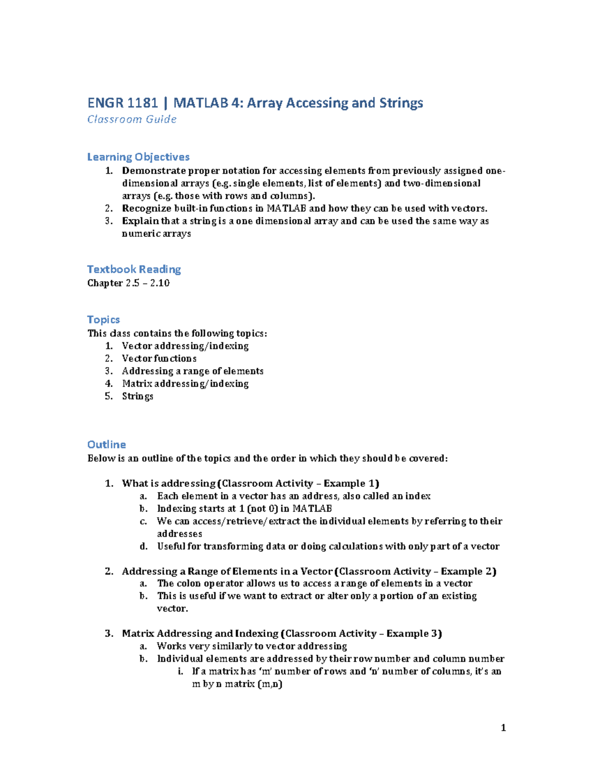 Seminar assignments - Matlab 2 - 5 - ENGR 1181 MATLAB 4: Array Accessing and Strings Classroom ...