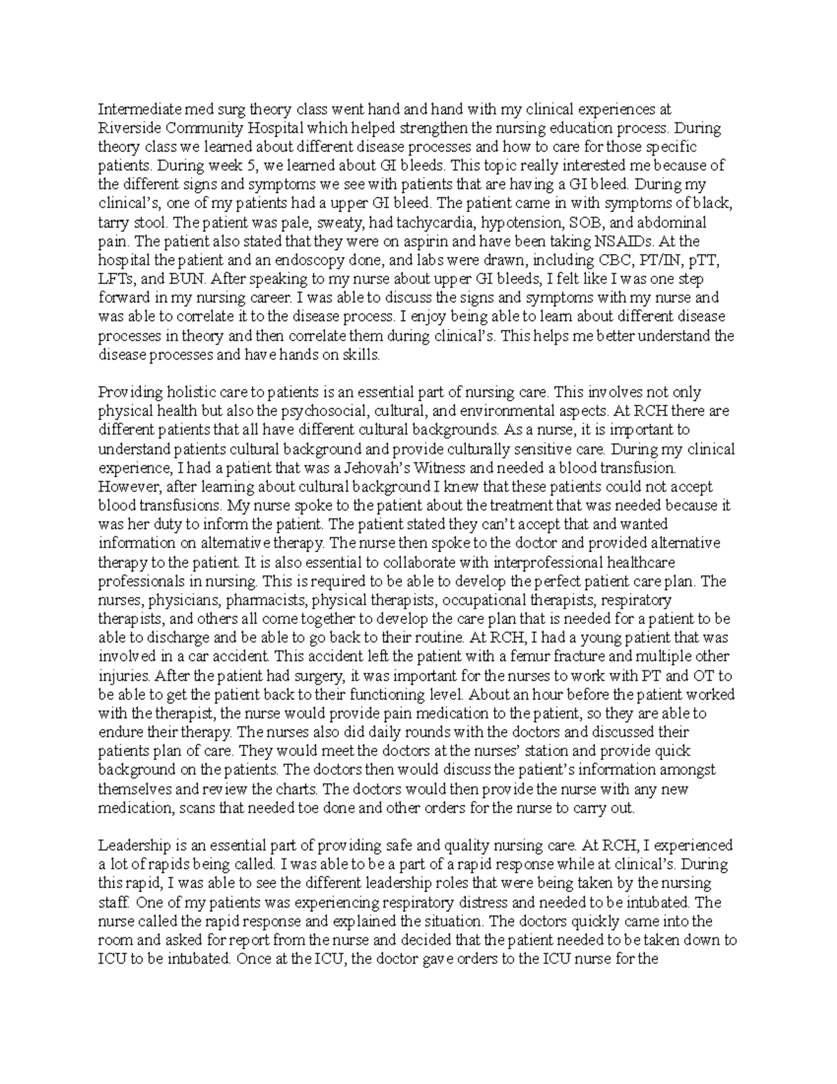 Nurs201 evolution paper - Intermediate med surg theory class went hand ...