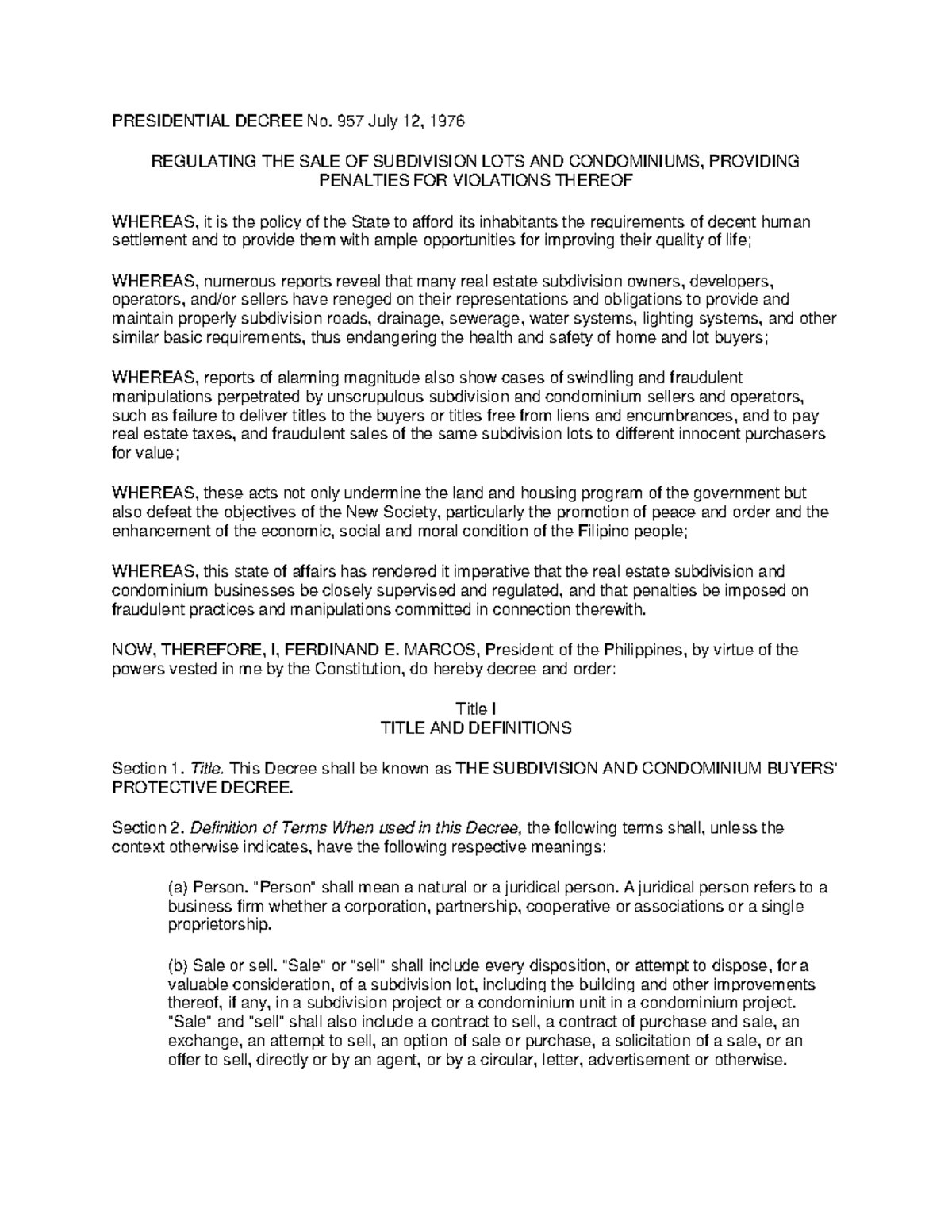 Presidential Decree No. 957 - PRESIDENTIAL DECREE No. 957 July 12, 1976 ...
