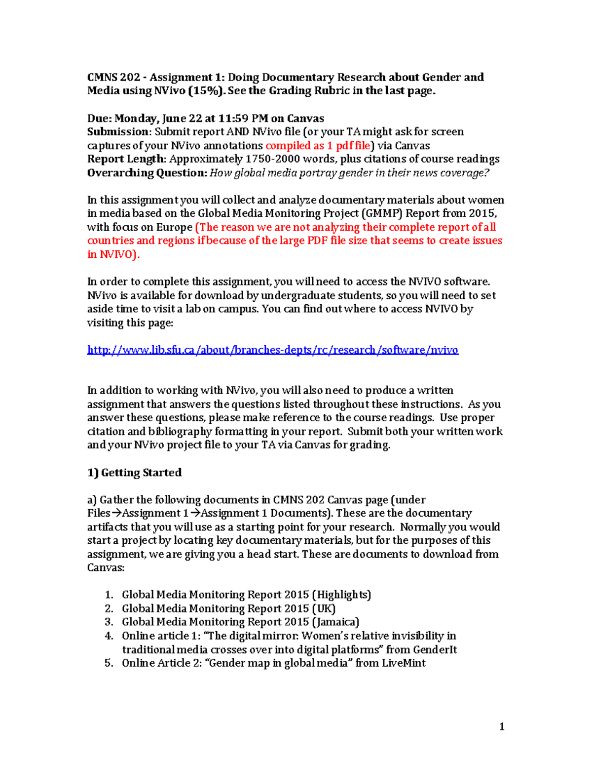 Assignment 1 Guideline - CMNS 202 - Assignment 1: Doing Documentary Research about Gender and ...