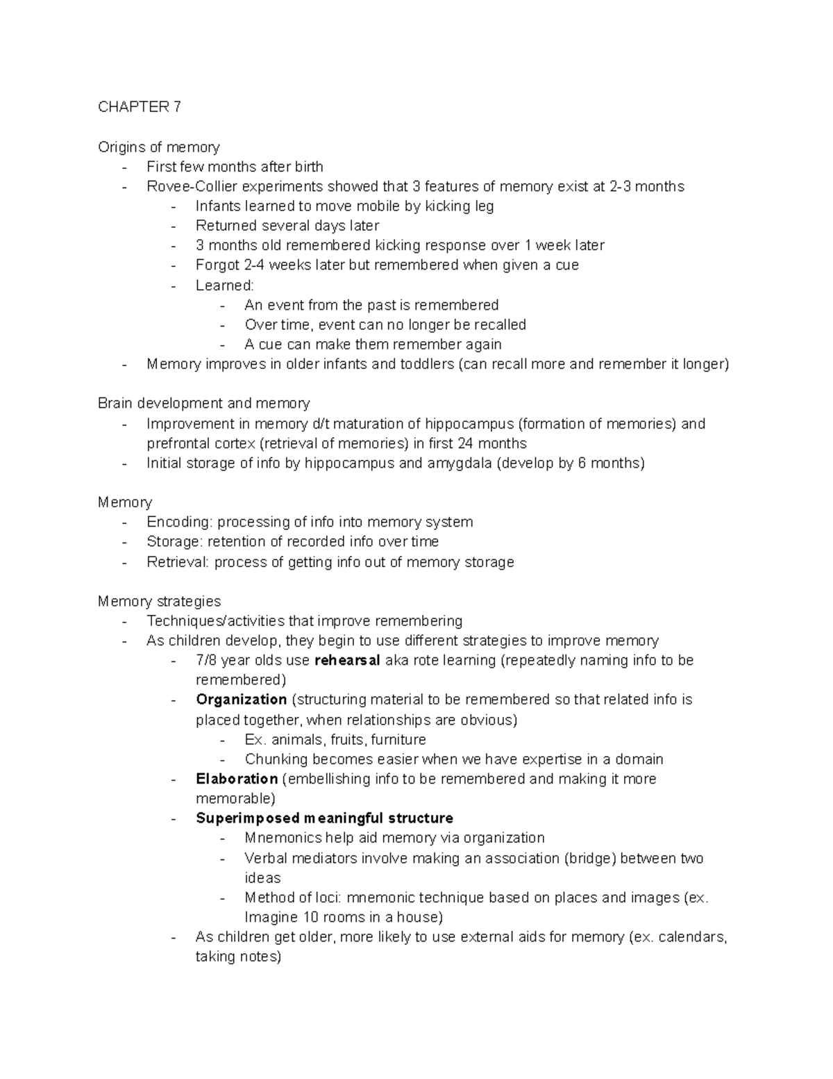 Chapter 7 + 8 - CHAPTER 7 Origins of memory - First few months after ...