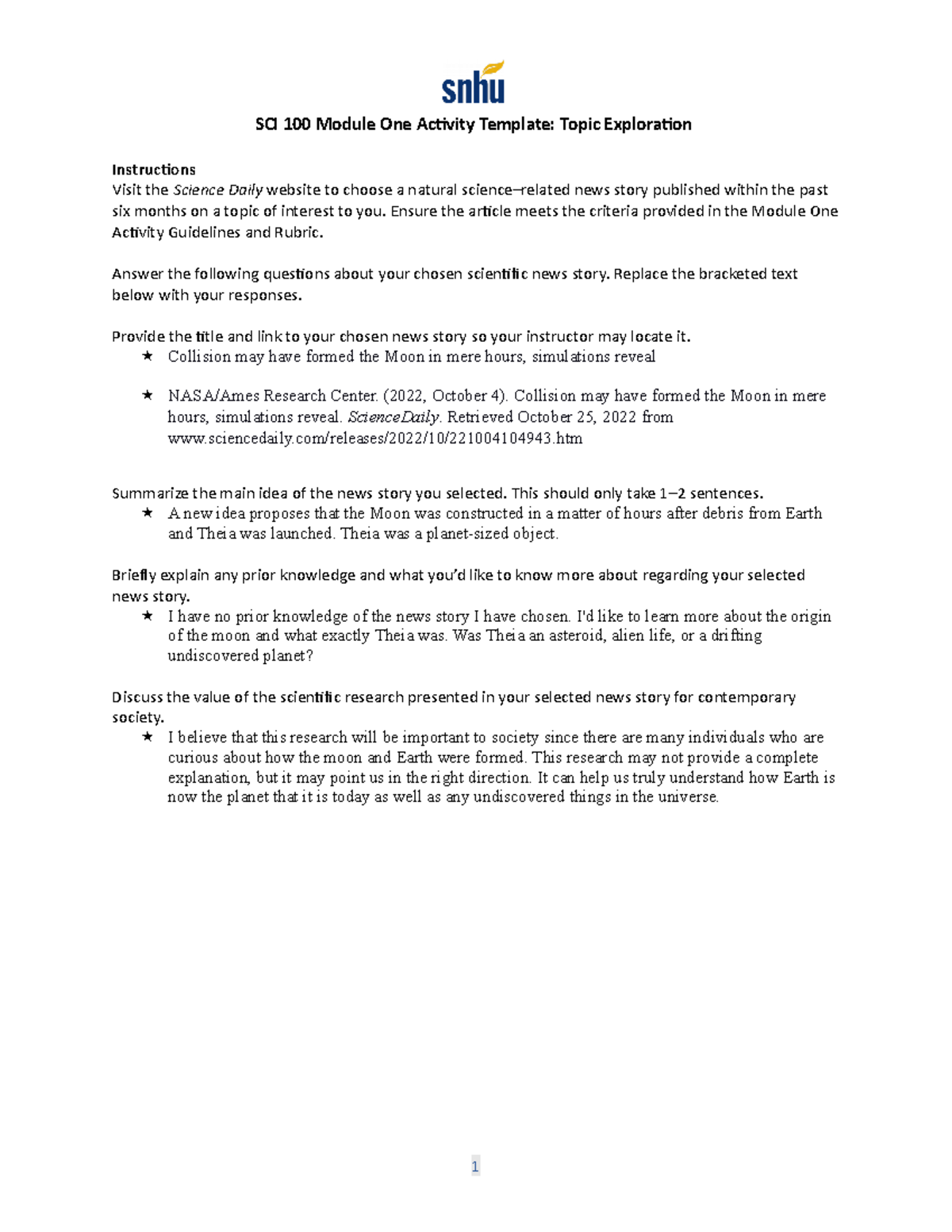 SCI 100 Module One Activity - Ensure the article meets the criteria ...