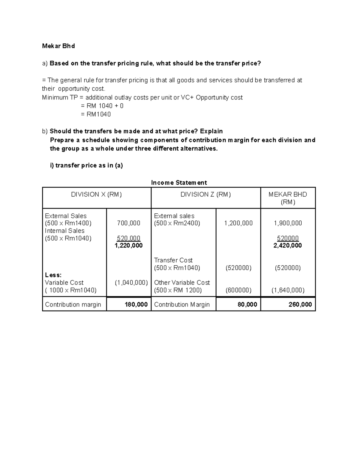 Tutorial on Transfer Pricing - Mekar Bhd a) Based on the transfer ...