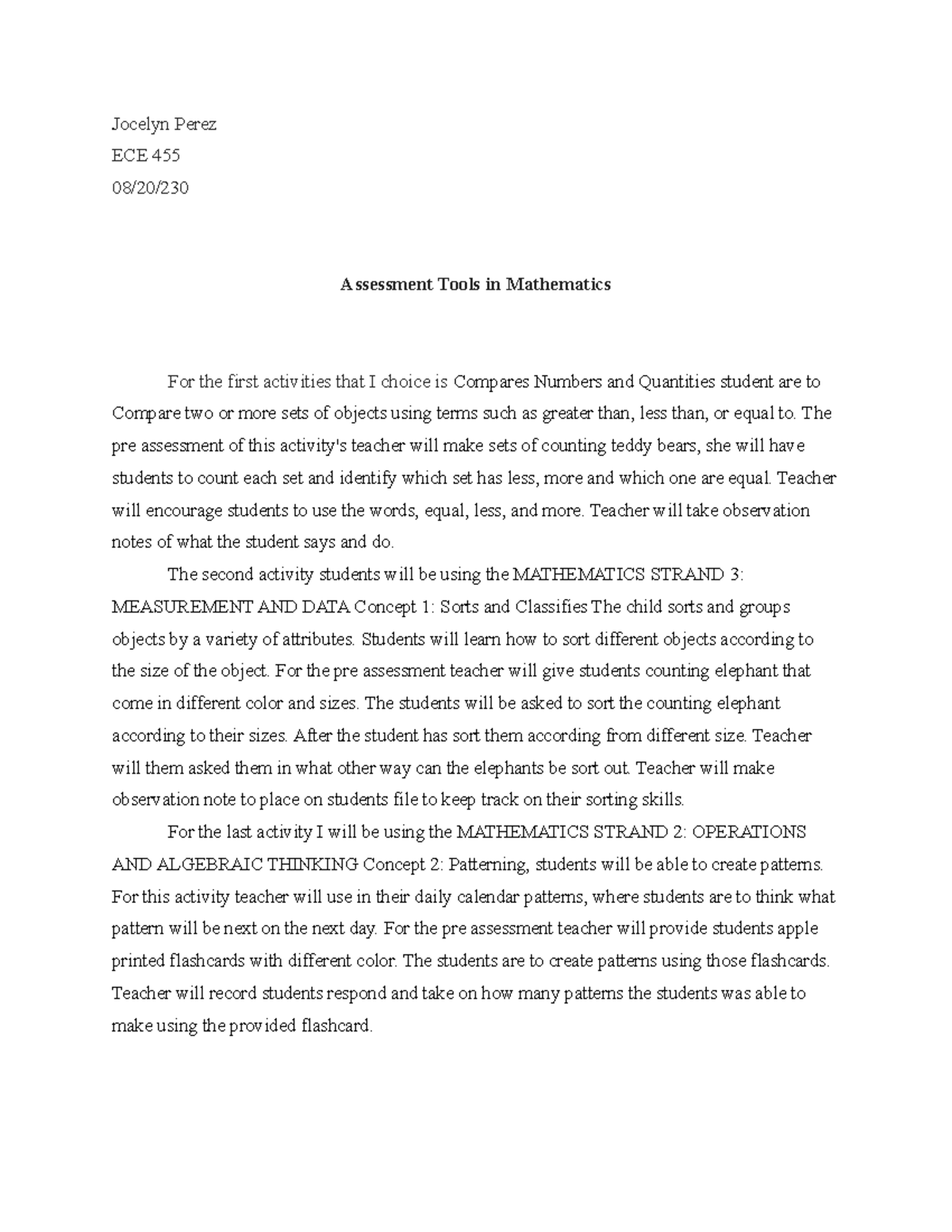 ECE 455 Assessment Tools in Mathematics - Jocelyn Perez ECE 455 08/20 ...