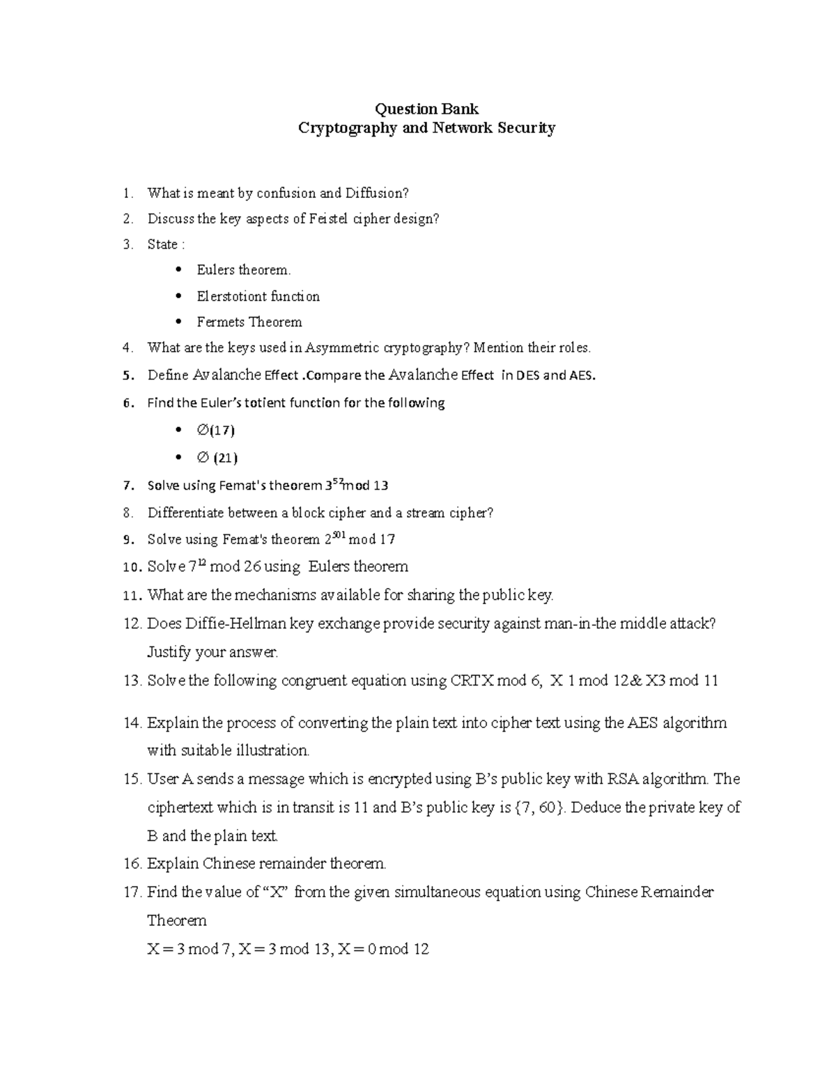 CIE2 Question BANK - Crypto - Question Bank Cryptography and Network ...