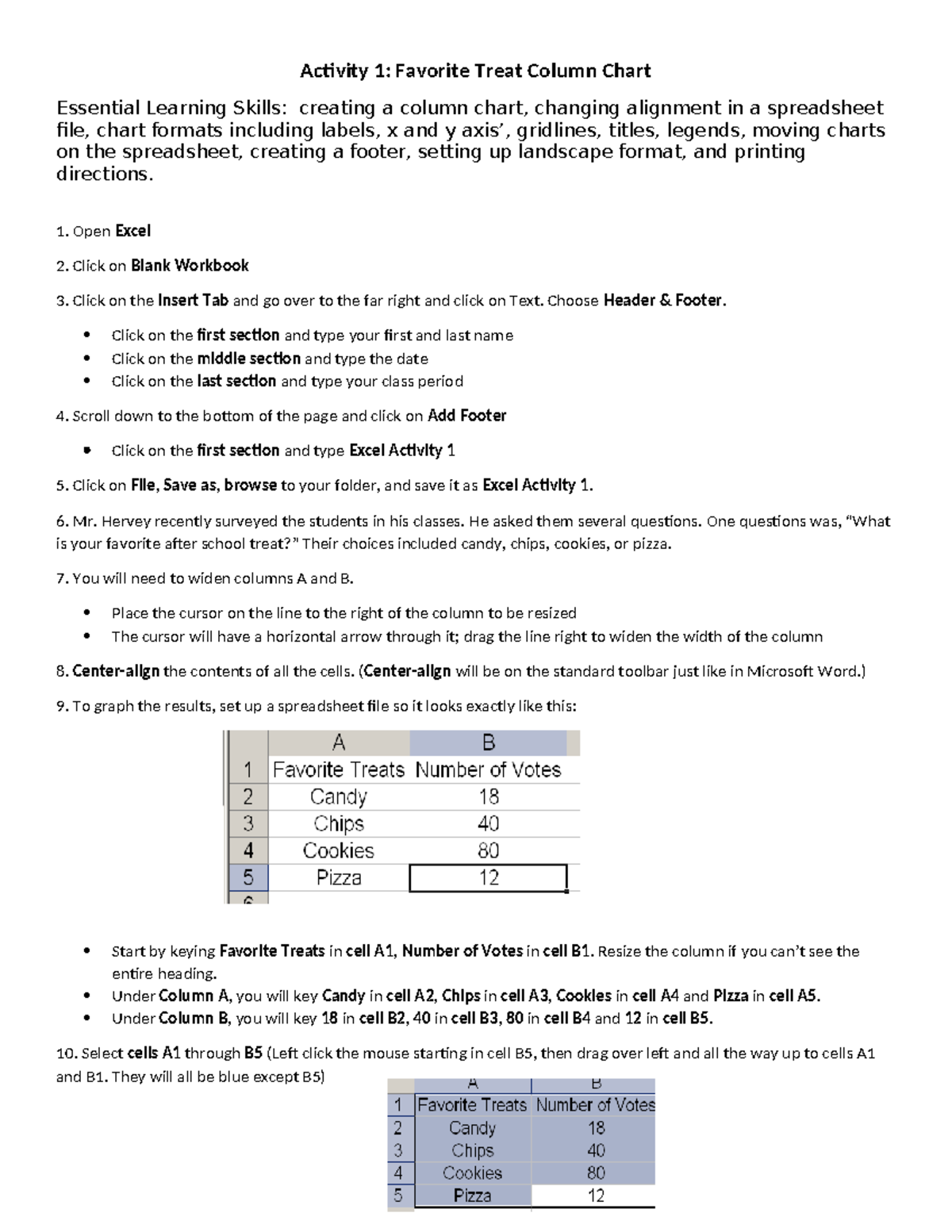 Excel activity 1 - Activity 1: Favorite Treat Column Chart Essential Learning Skills: creating a ...