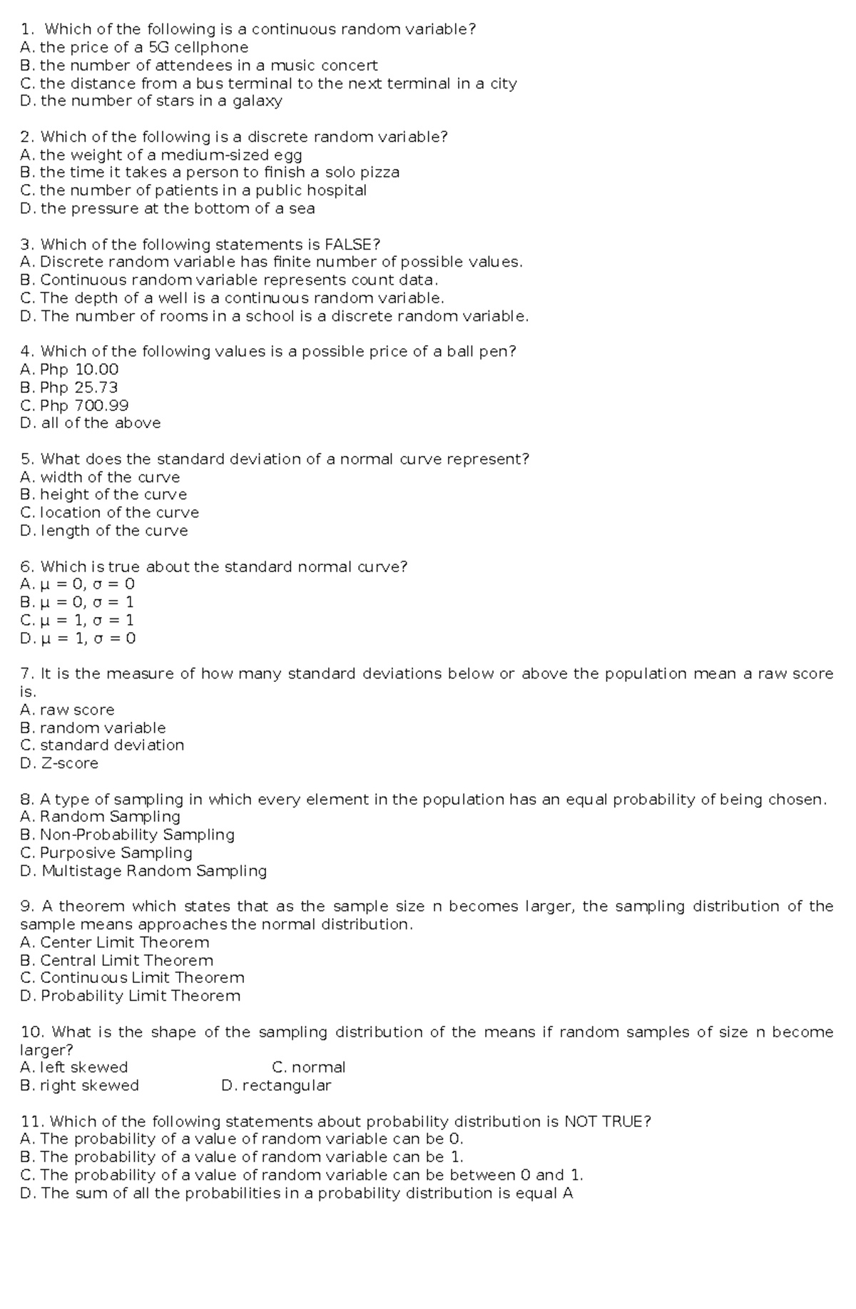 Stats Prob Quarter 3 Reviewer by Teachers - 1. Which of the following is a continuous random ...