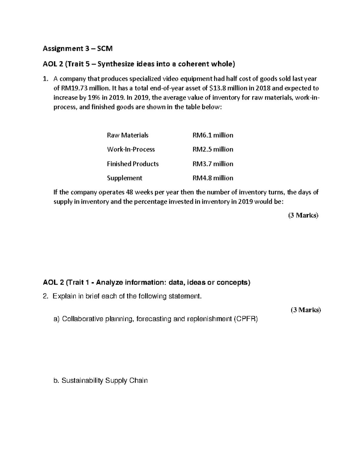 Assignment 3 - SCM (3 qs) - Assignment 3 – SCM AOL 2 (Trait 5 ...