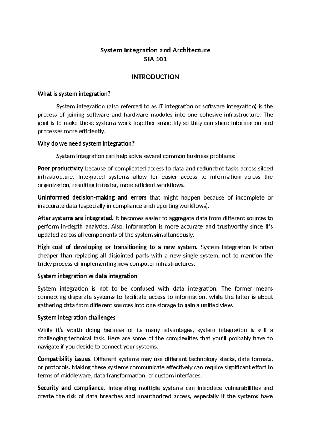 System integration 101 - System Integration and Architecture SIA 101 ...