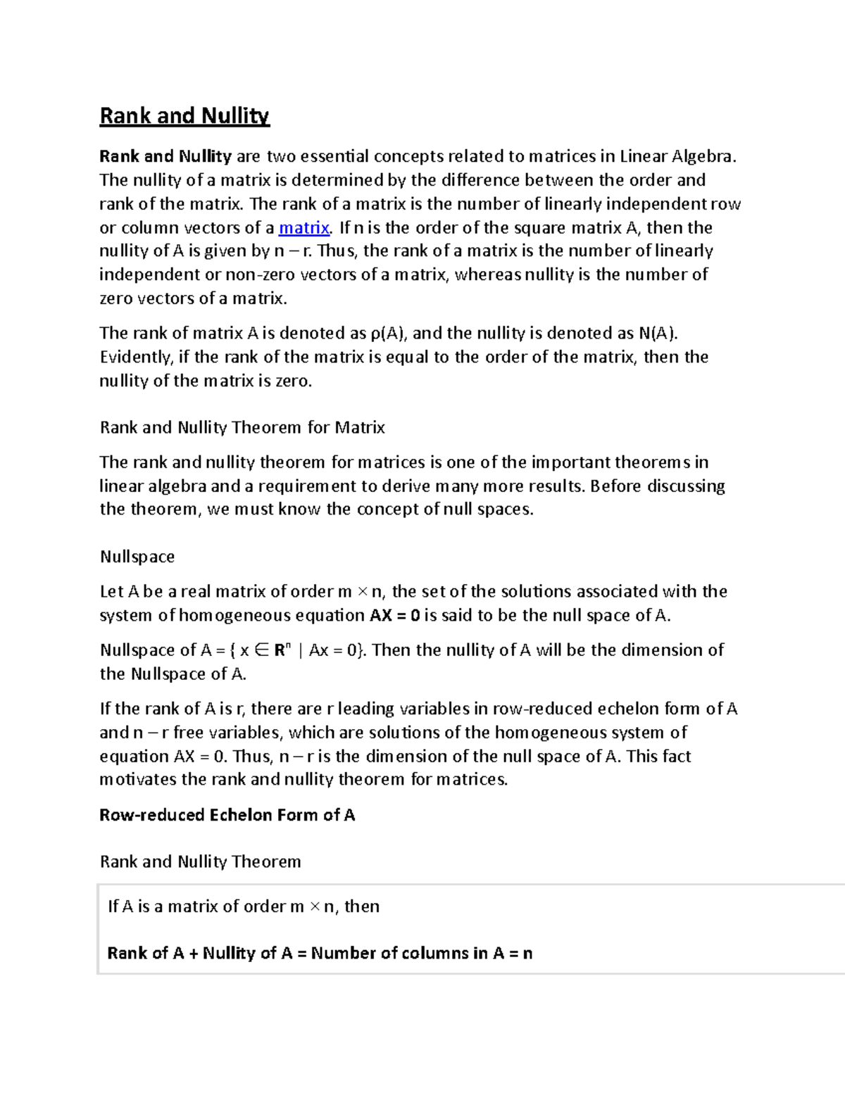 Ch 7 . rank nullity theoram - Rank and Nullity Rank and Nullity are two ...