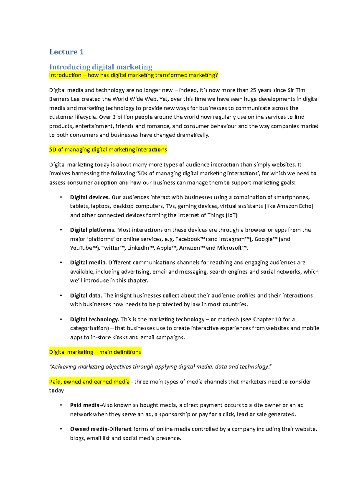 Lectures 1-6 - Finance - Lecture 1 Introducing digital marketing ...