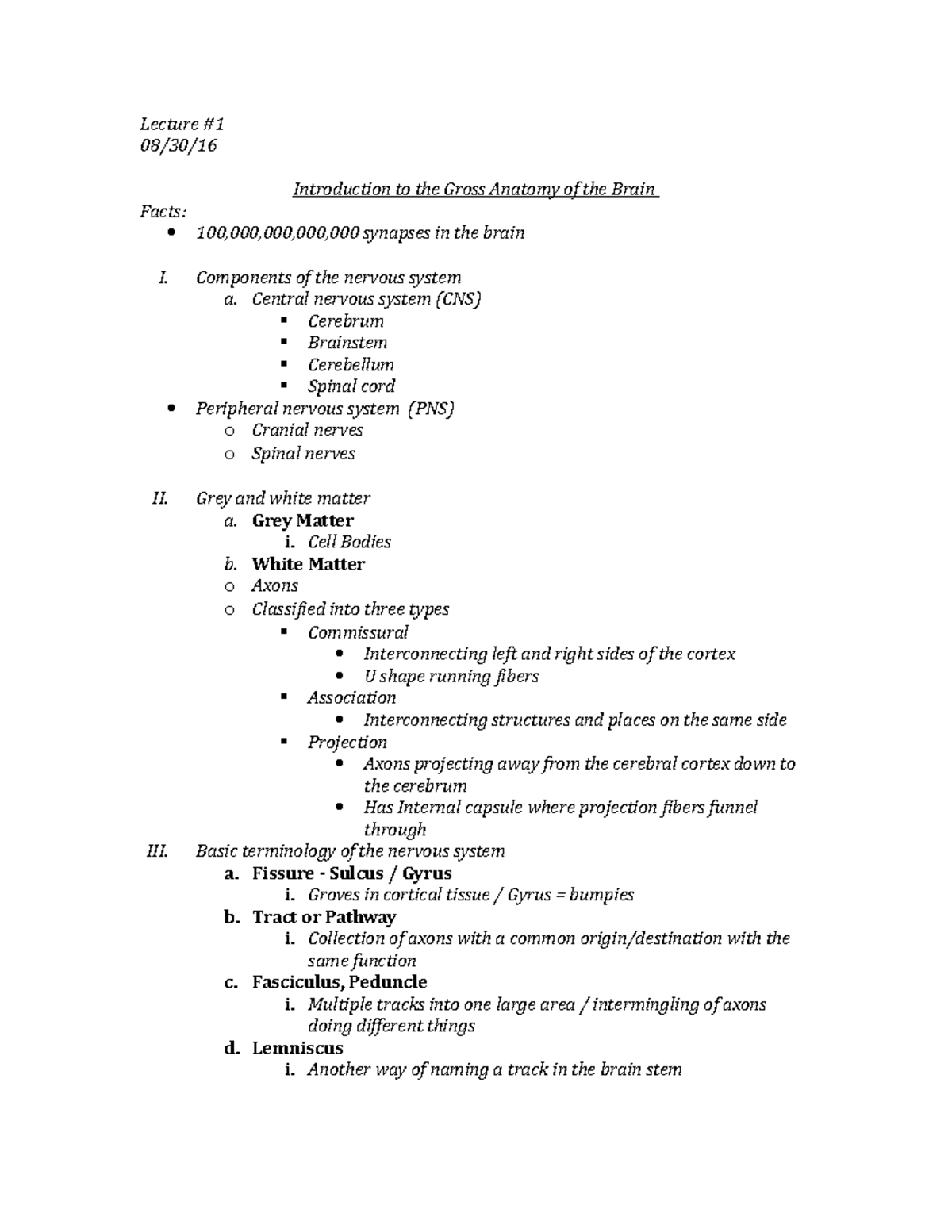 Neuro Lecture Notes - Lecture Introduction to the Gross Anatomy of the ...
