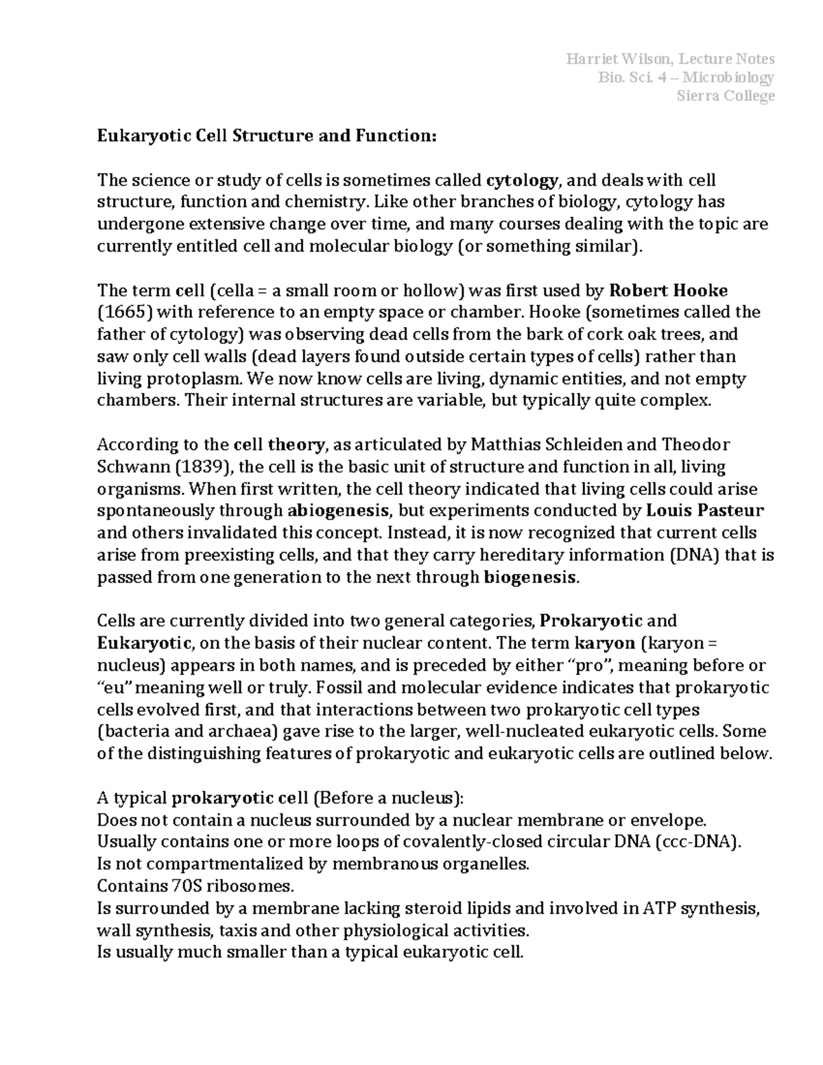 Eukaryotic Cell Structure and Function - Harriet Wilson, Lecture Notes ...