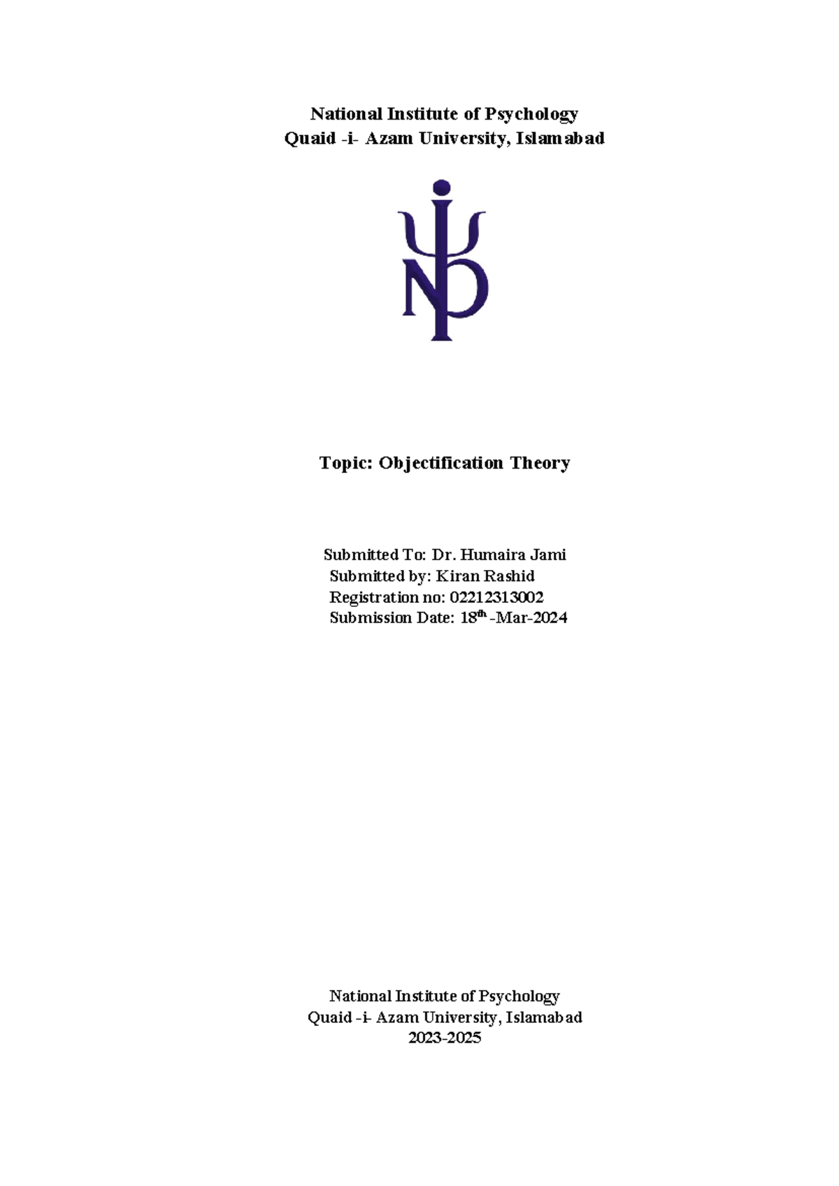 Objectification Theory 2 - National Institute of Psychology Quaid -i ...
