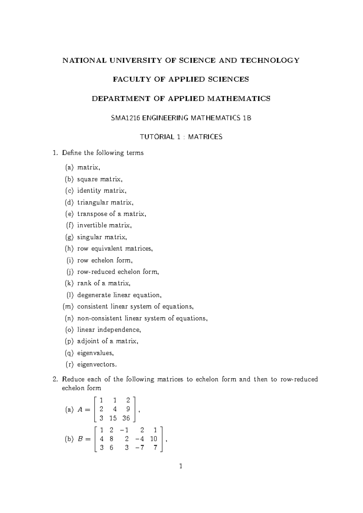 SMA 1216 Matrices Tutorial- March 2017 - NATIONAL UNIVERSITY OF SCIENCE AND TECHNOLOGY FACULTY ...