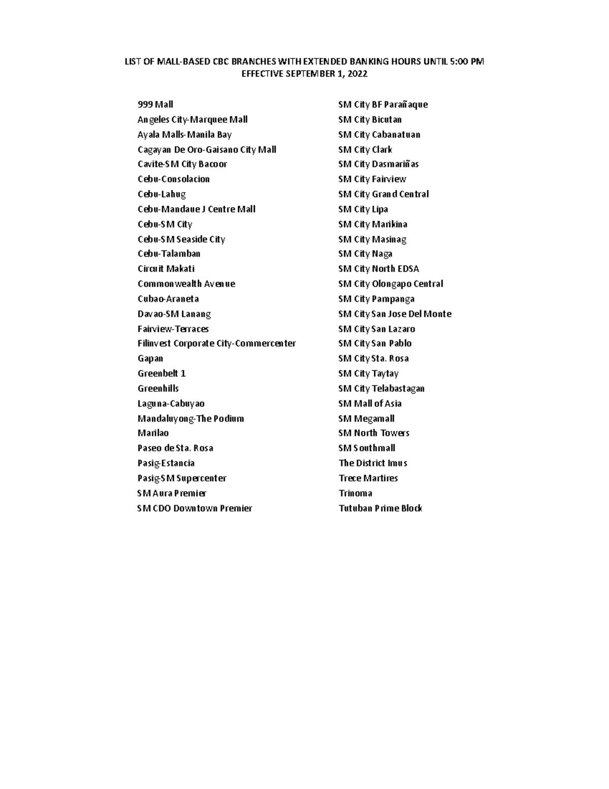 List of CBC Branches with Extended Banking Hours - LIST OF MALL-BASED ...