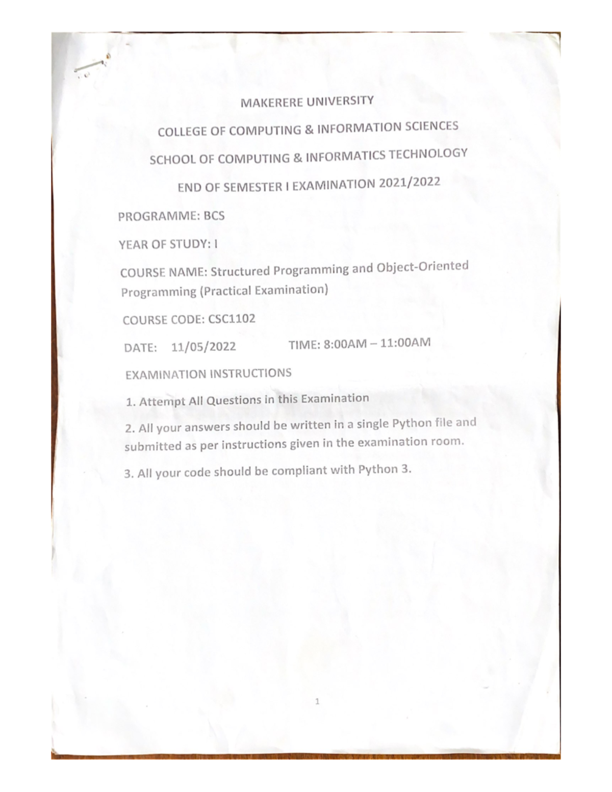 OOP prac paper - MAKERERE UNIVERSITY COLLEGE OF COMPUTING INFORMATION ...