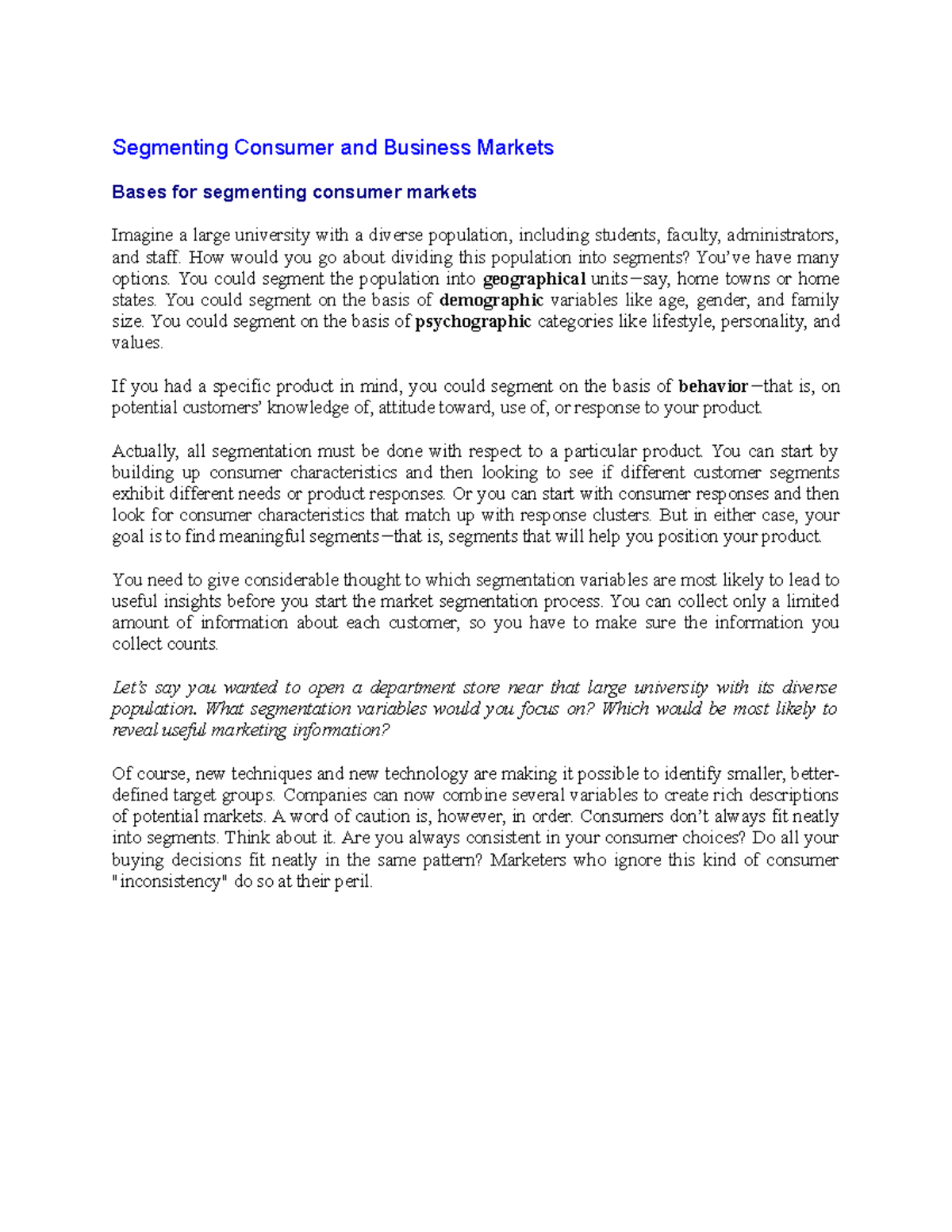 STP - Lecture notes 3 - Segmenting Consumer and Business Markets Bases ...