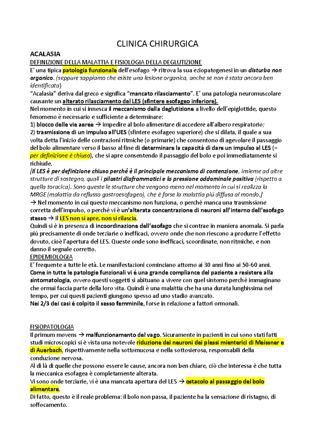 Clinica Chirurgica -MALATTIE APPARATO DIGERENTE ( Acalasia, ernie ...