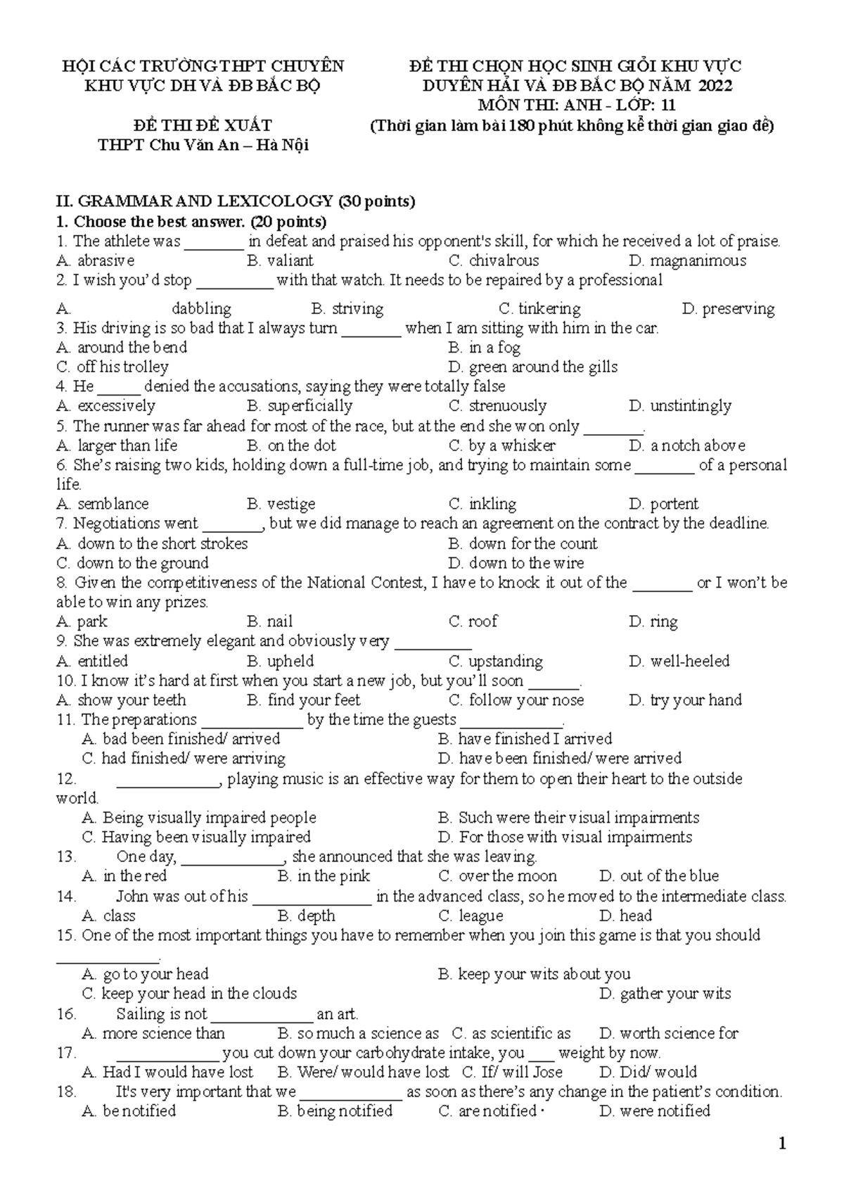 De Thi Tieng Anh - Khoi 11 Chu Van An HN-ôn hsg 2 - HỘI CÁC TRƯỜNG THPT CHUYÊN KHU VỰC DH VÀ ĐB ...