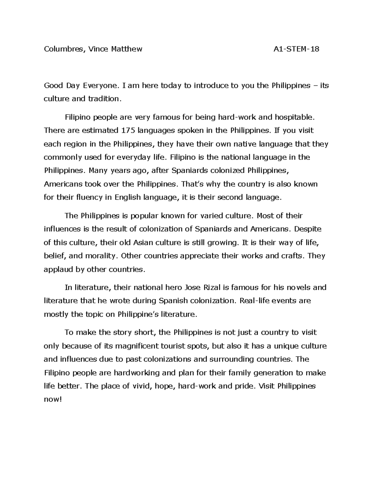 Extemporaneous script - Columbres, Vince Matthew A1-STEM- Good Day ...