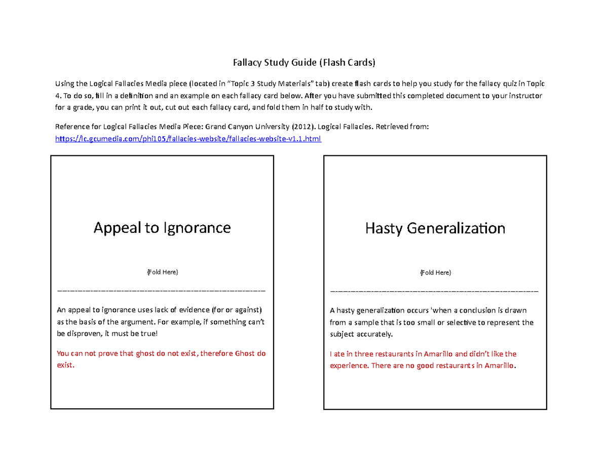 PHI105 - Study guide. very helpful - Fallacy Study Guide (Flash Cards ...