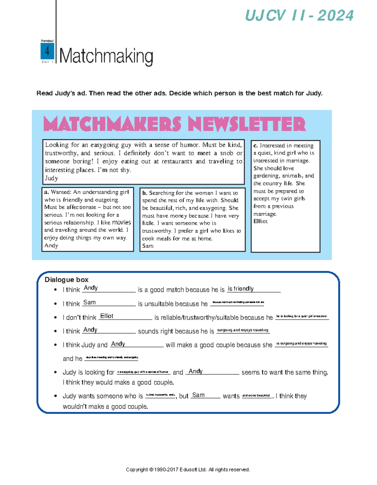 01 Intermediate III Handout 4 Unit 1 Couples Matchmaking - Handout U n ...