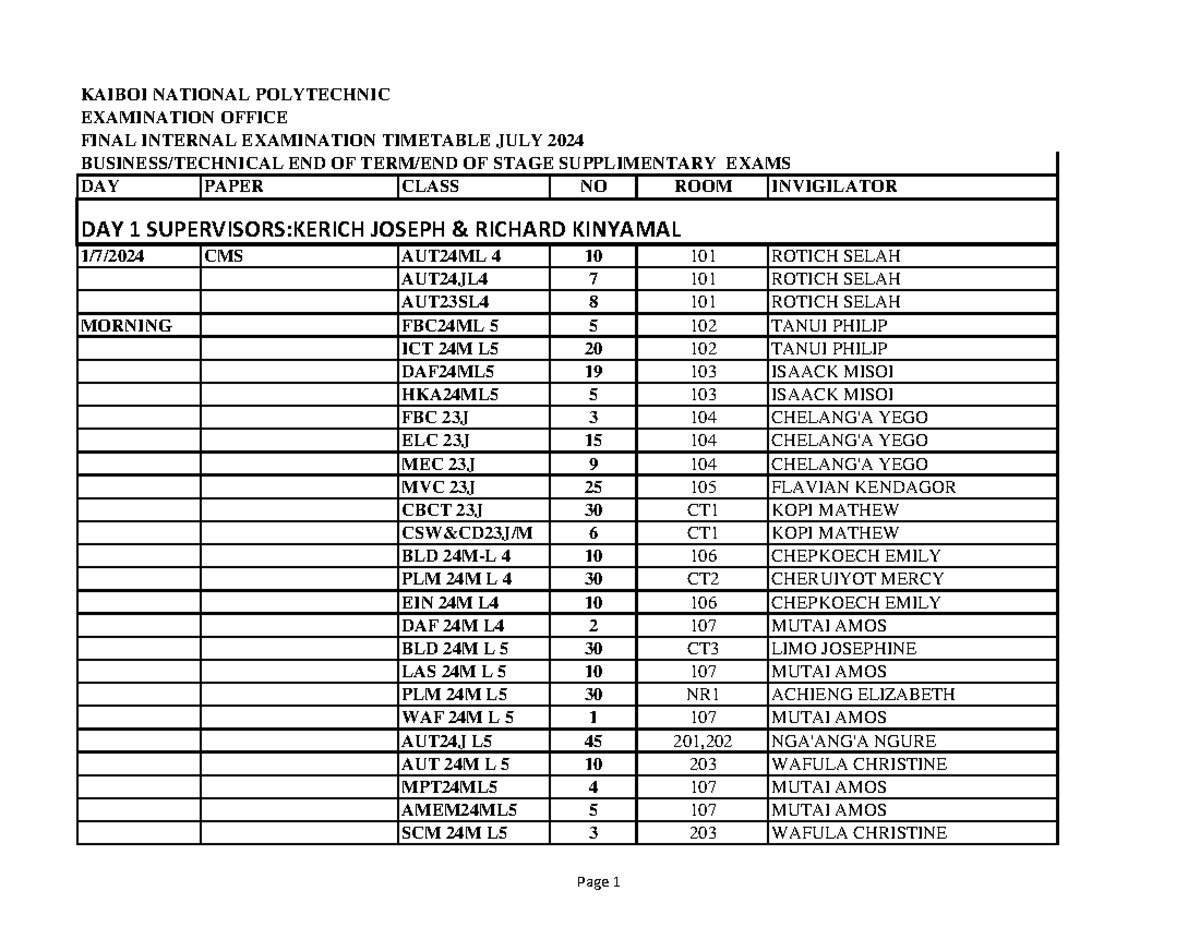 JULY 2024 Final Internal Examinations Timetable - KAIBOI NATIONAL ...